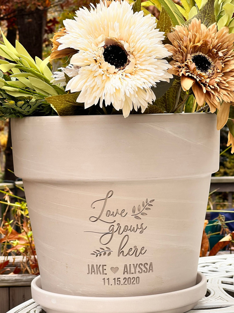 Personalized Love Grows Here Wedding or Anniversary Carved Flower Pot Gift