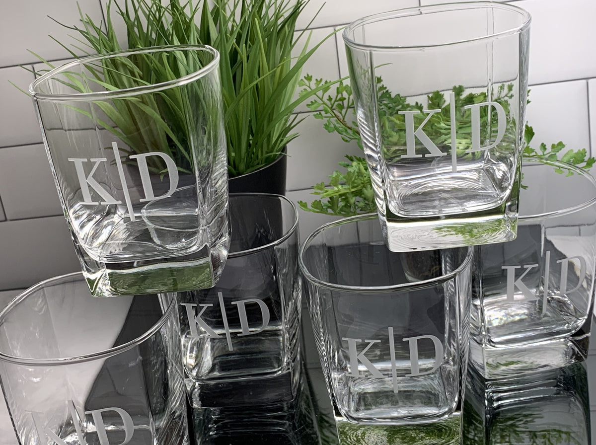 Set of 4 | Monogrammed Square Rocks Glass, 13 oz